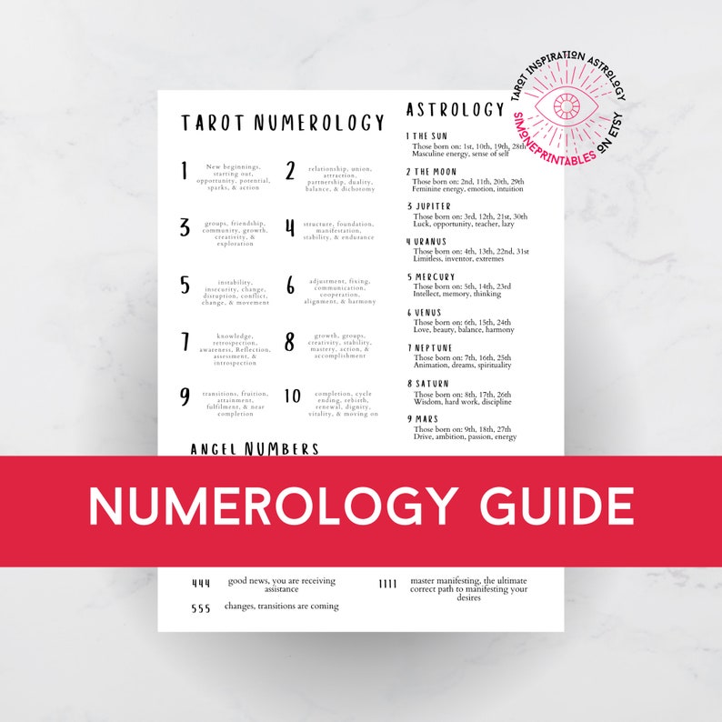 Numerology Cheat Sheet: Tarot, Astrology, Angel Numbers (one Page PDF ...