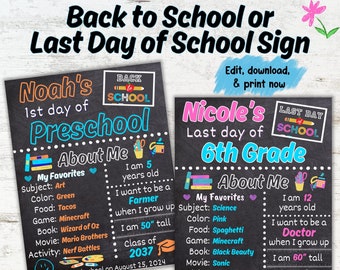 Editable First Day of School Printable, Chalkboard Last Day of School ...