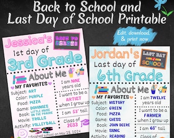 Editable First Day of School Printable, Chalkboard Last Day of School ...
