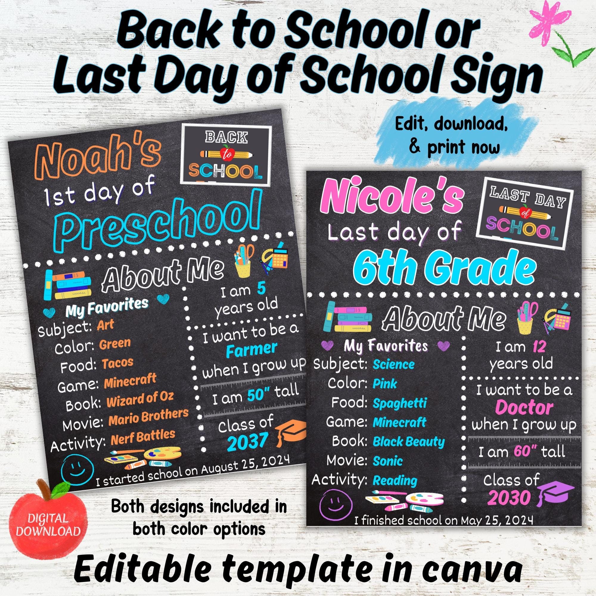 Editable Chalkboard First Day of School Printable Sign, Chalkboard Last ...