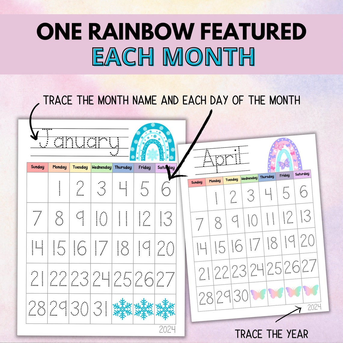 Rainbow Traceable Monthly Calendar 2024-2025, Morning Menu Calendar ...