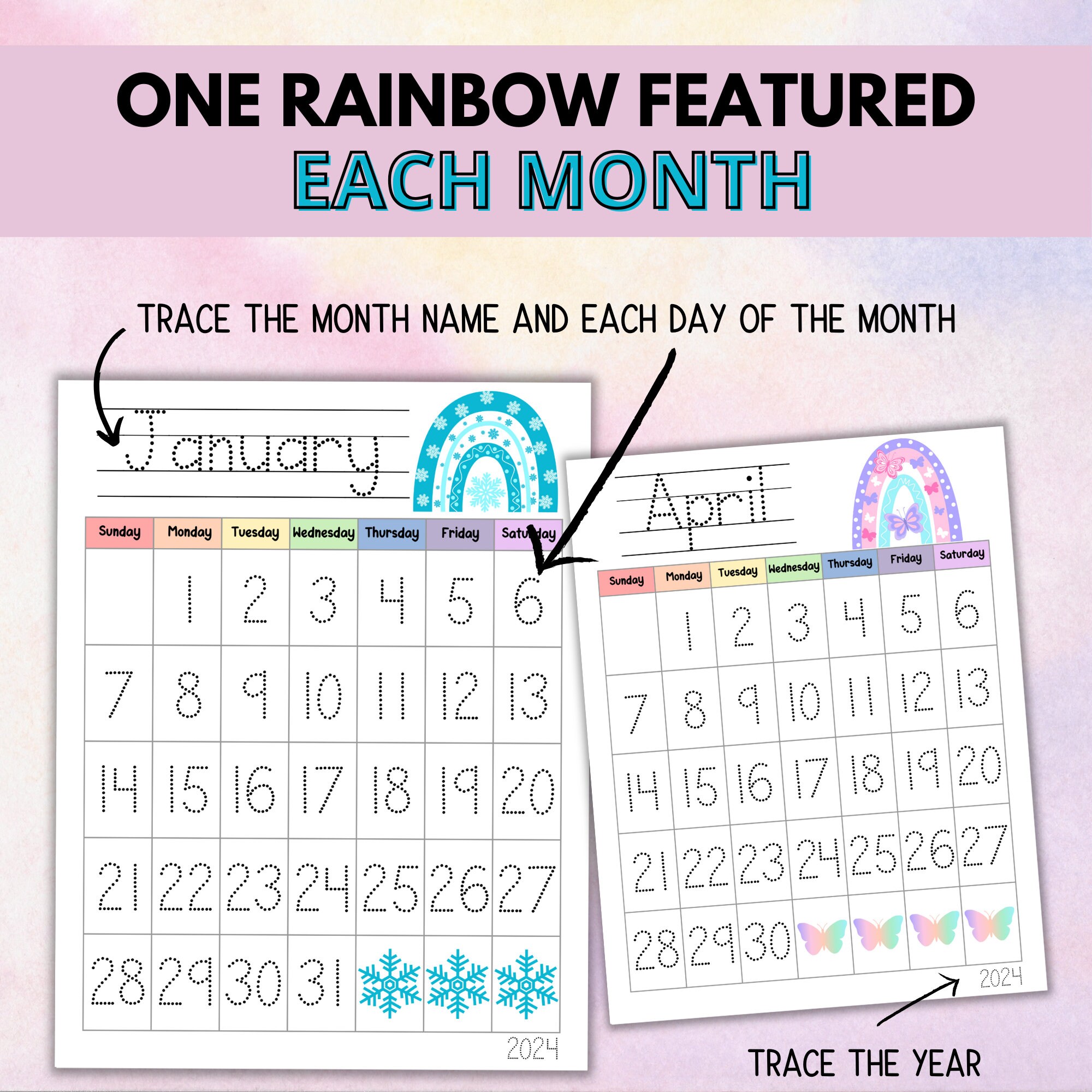 Rainbow Traceable Monthly Calendar 2024-2025, Morning Menu Calendar ...