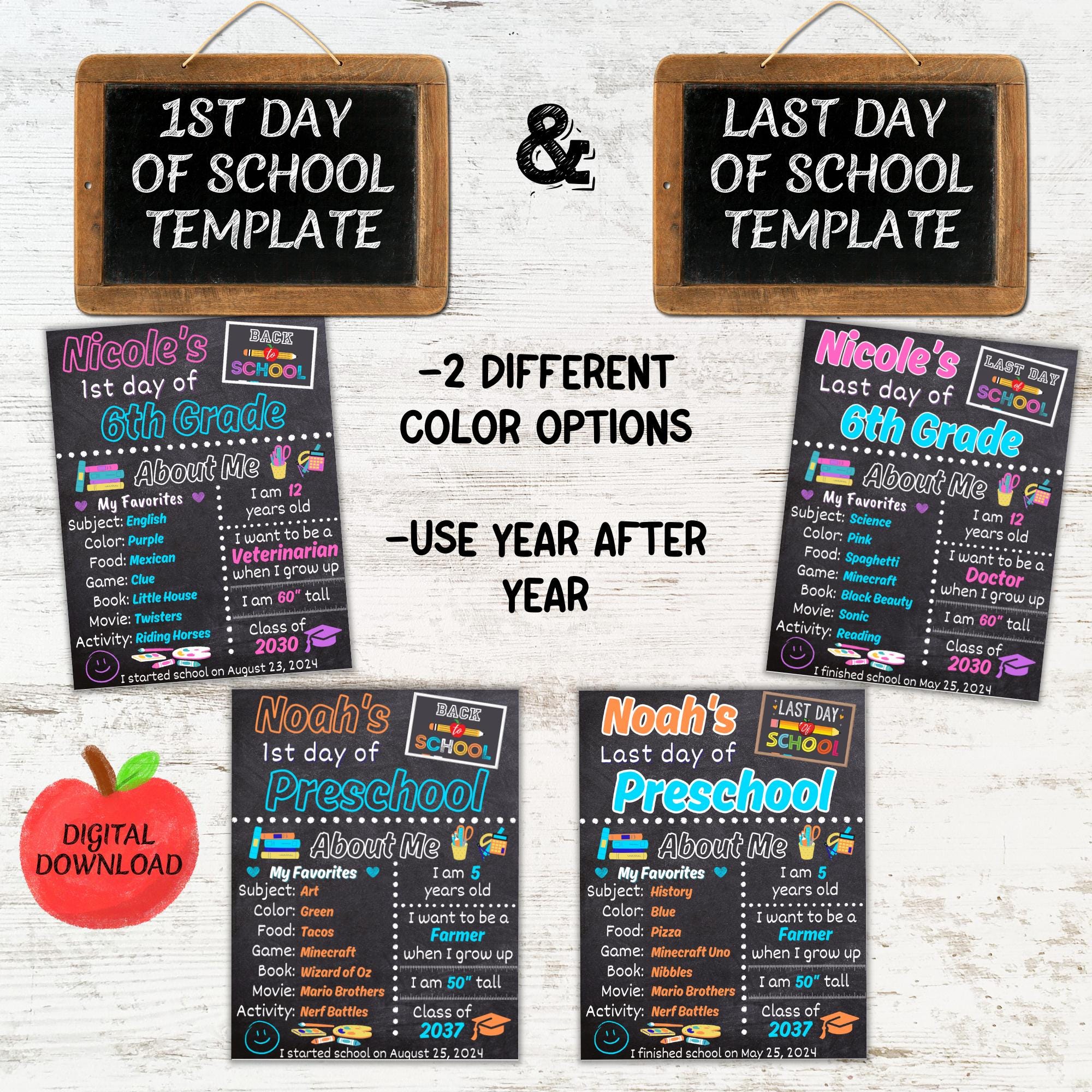 Editable Chalkboard First Day of School Printable Sign, Chalkboard Last ...