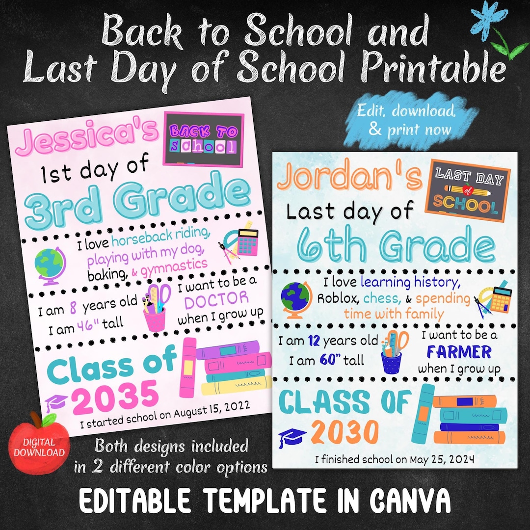 First & Last Day of School Sign: Editable Canva Template (digital ...