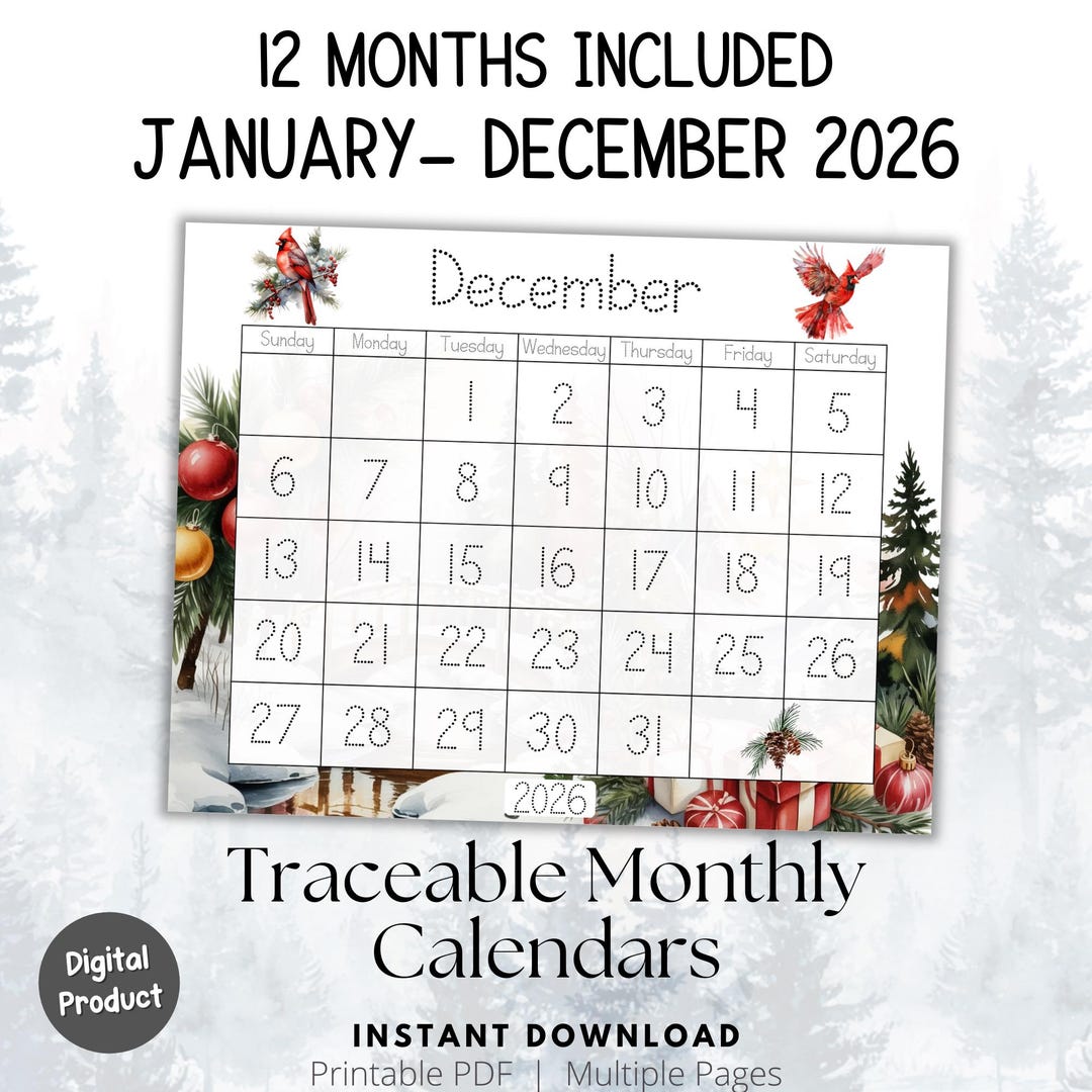 2026 Monthly Landscape Traceable Calendar: Homeschool Printable (PDF ...