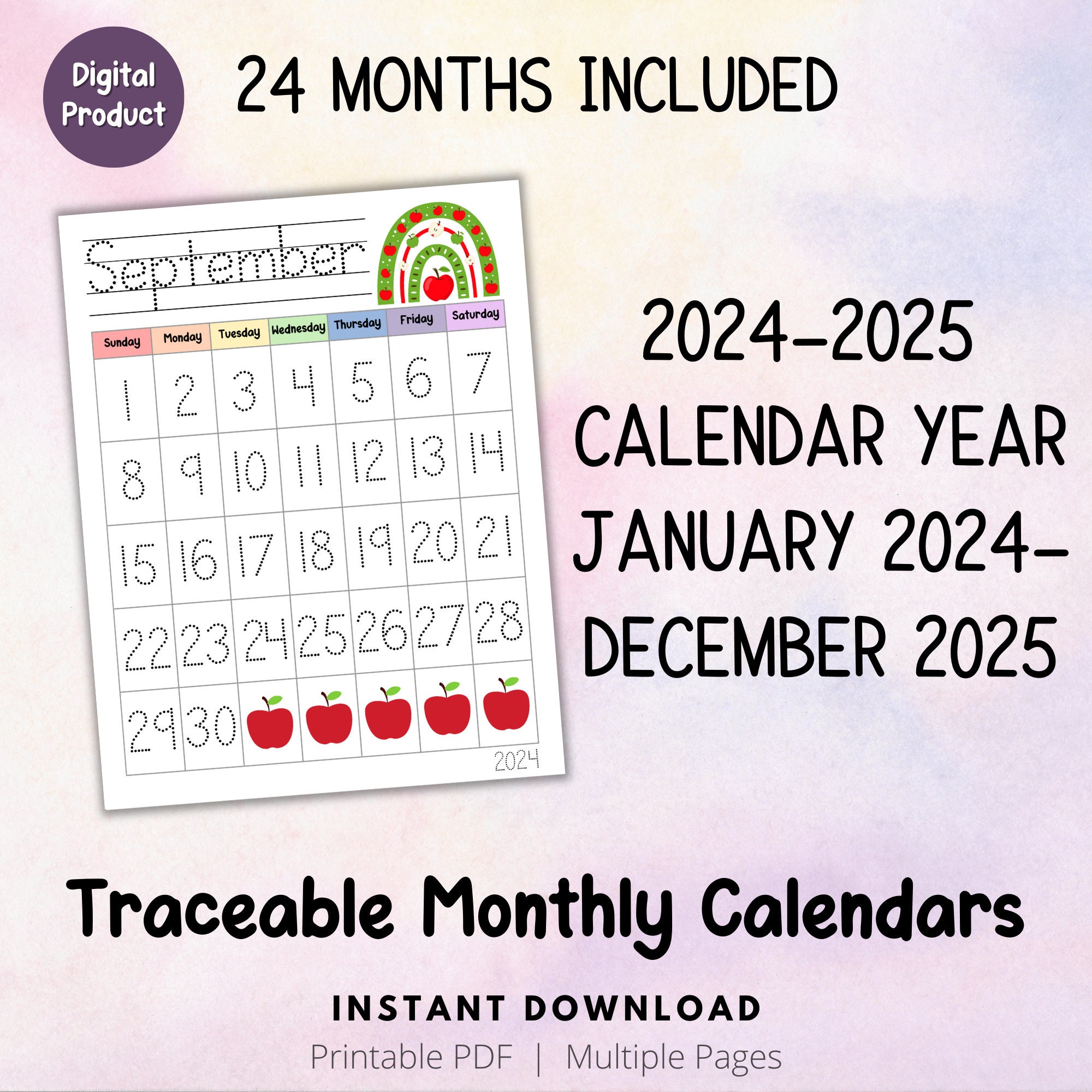Rainbow Traceable Monthly Calendar 2024-2025, Morning Menu Calendar ...