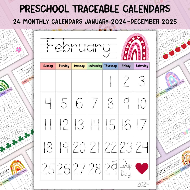 Rainbow Traceable Monthly Calendar 2024-2025, Morning Menu Calendar ...