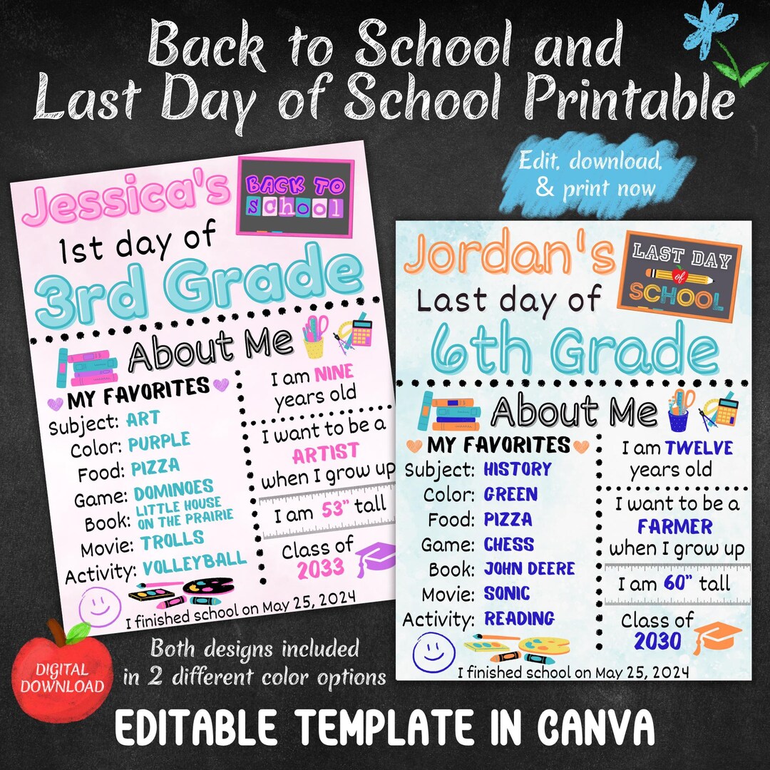 Editable School Sign Printable: First & Last Day Keepsake (canva ...