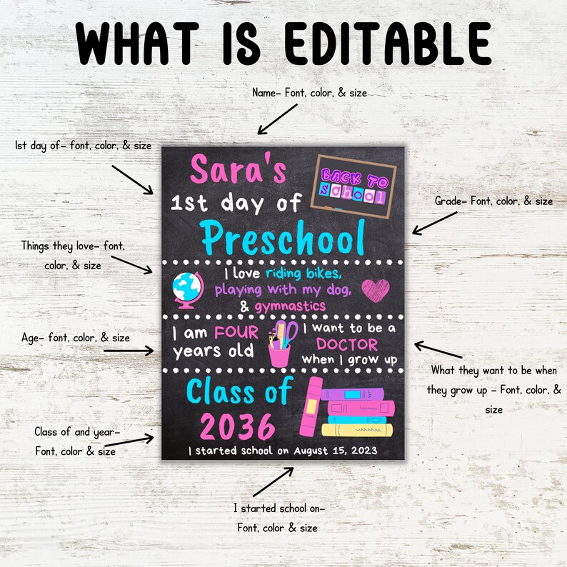 Editable First Day of School Printable, Chalkboard Last Day of School ...