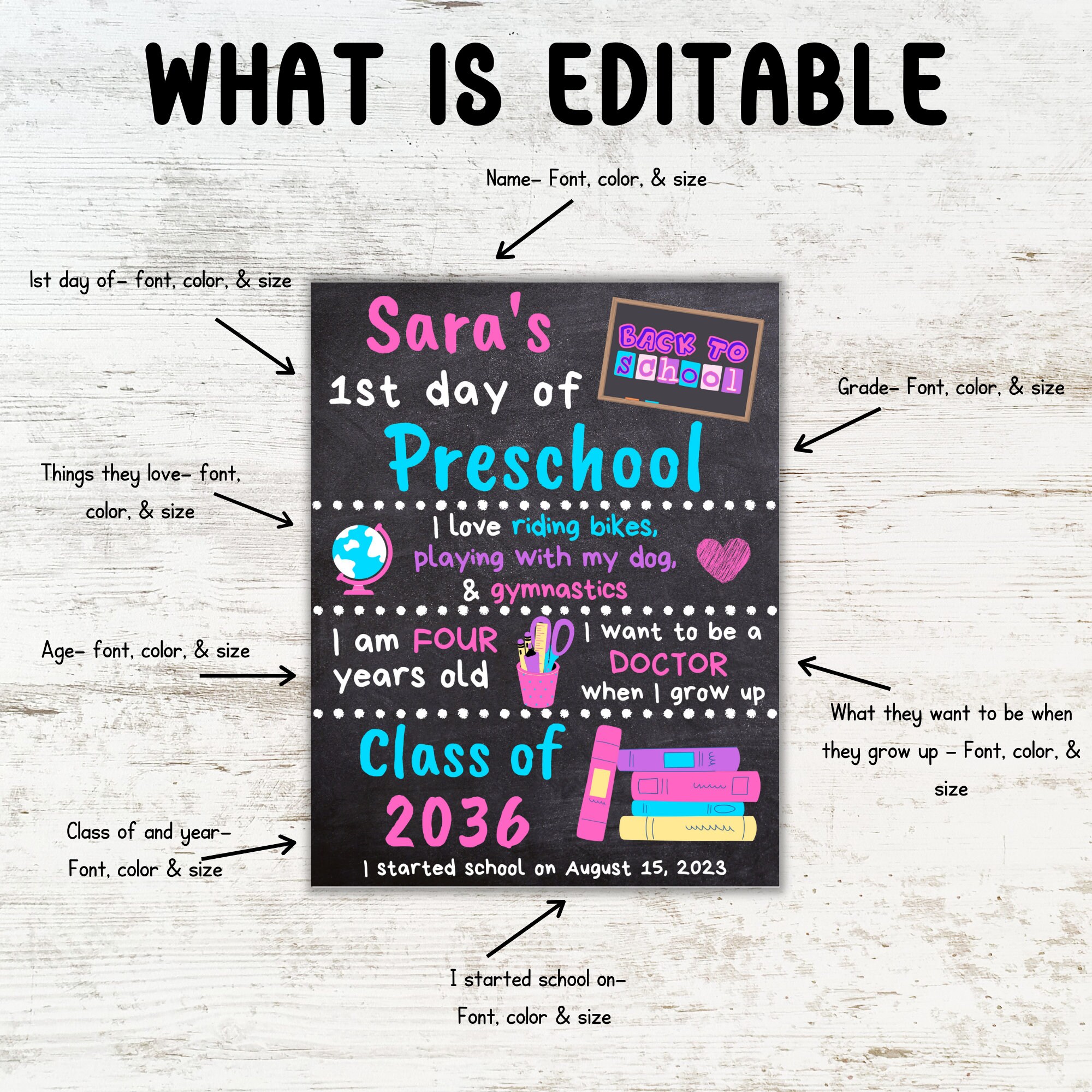 Editable First Day of School Printable, Chalkboard Last Day of School ...
