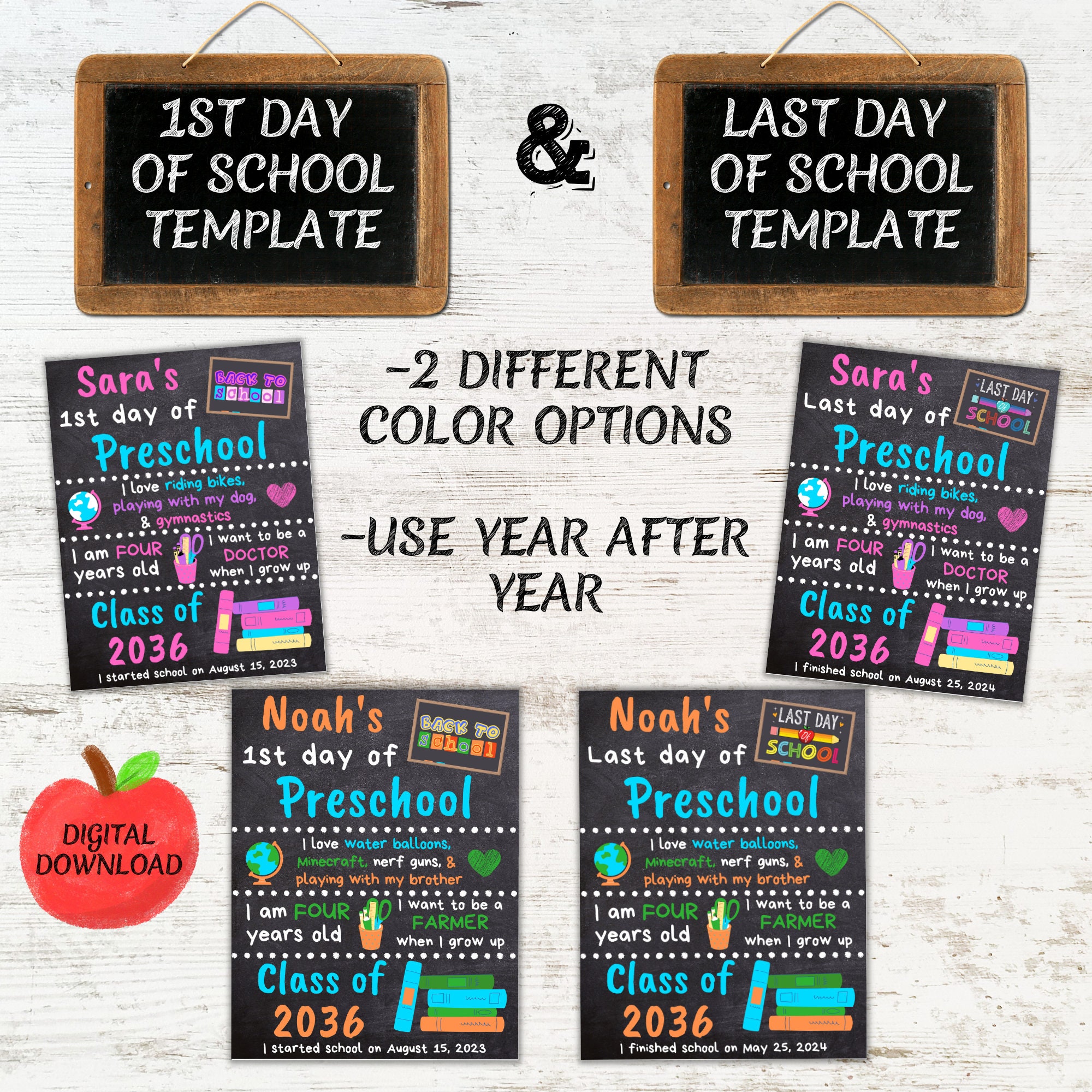 Editable First Day of School Printable, Chalkboard Last Day of School ...