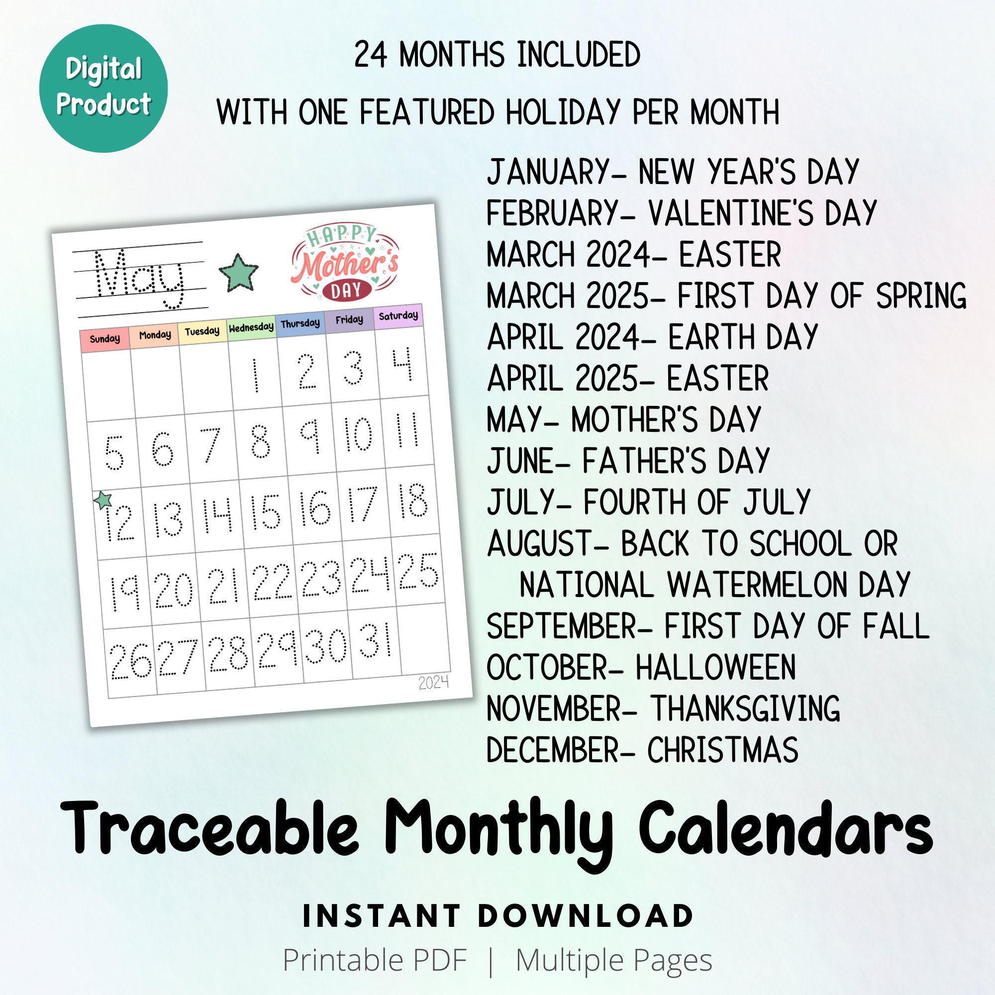 Traceable Monthly Calendar January 2024- December 2025, Morning Menu ...