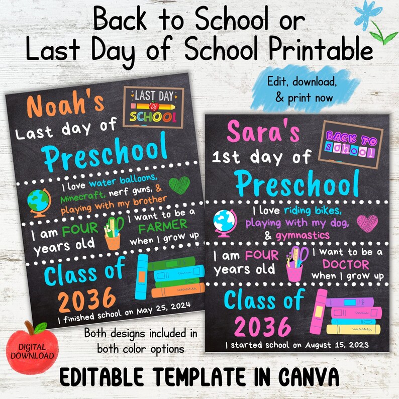 Editable First Day of School Printable, Chalkboard Last Day of School ...