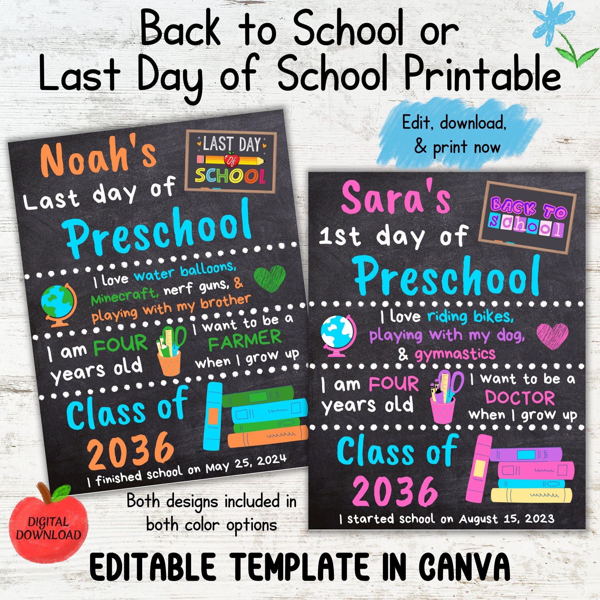 Editable First Day of School Printable, Chalkboard Last Day of School ...