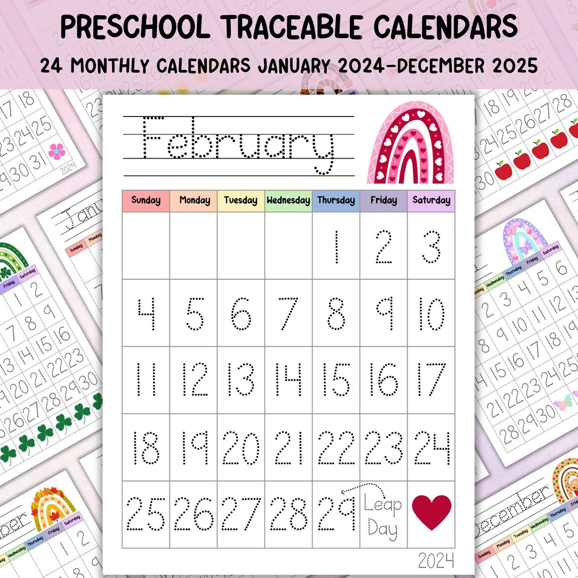 Rainbow Traceable Monthly Calendar 2024-2025, Morning Menu Calendar ...