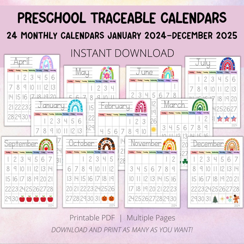 Rainbow Traceable Monthly Calendar 2024-2025, Morning Menu Calendar ...