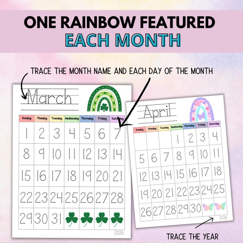 Rainbow Traceable Calendar 2026-2027: Preschool Homeschool Activity ...