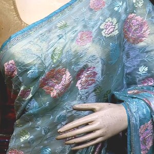 Ice Blue Embroidered Organza Designer Saree With Unstitched Blouse - Etsy