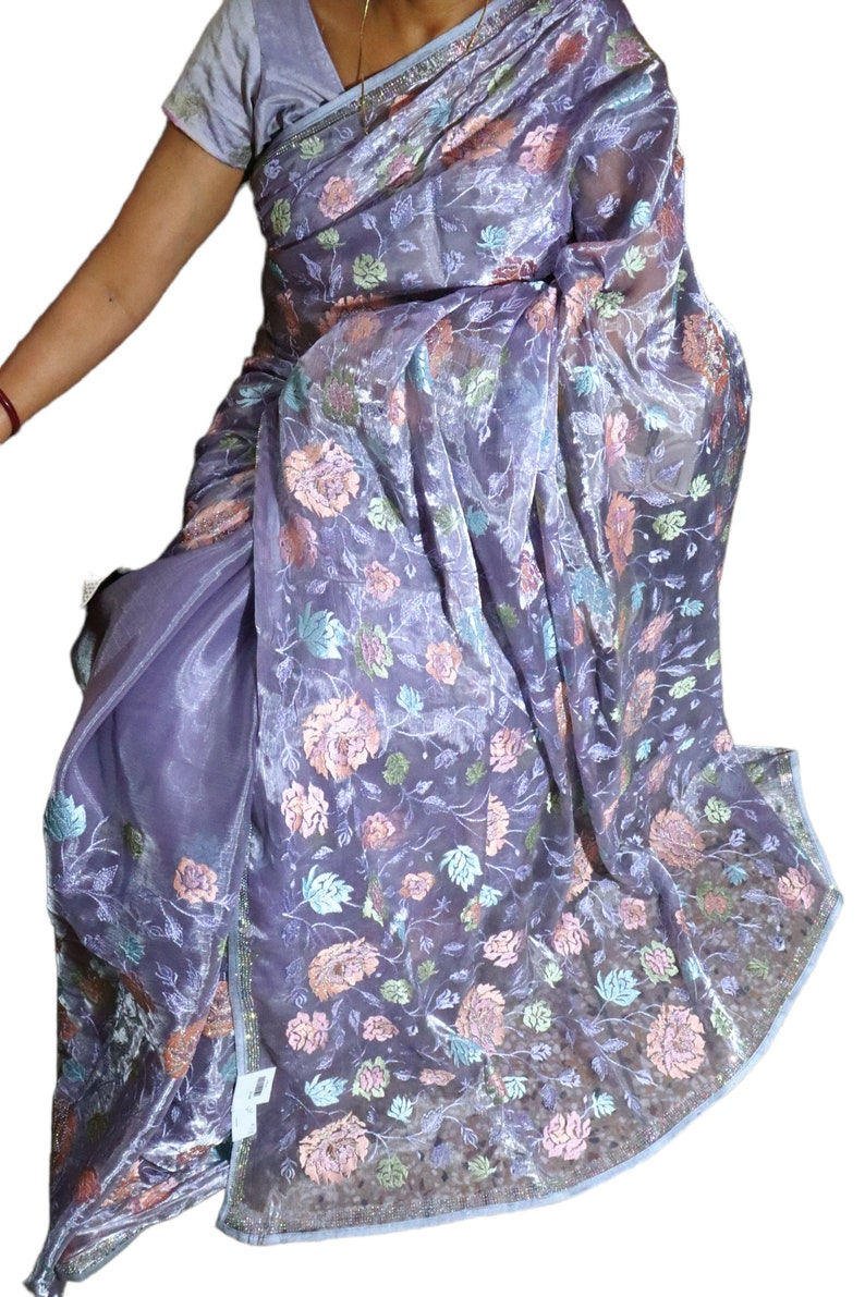 Ice Blue Embroidered Organza Designer Saree With Unstitched Blouse - Etsy