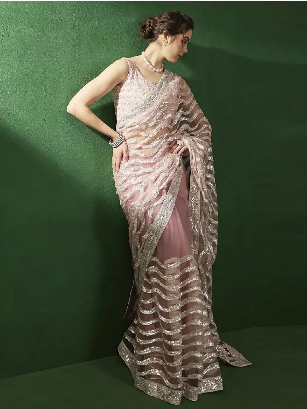 Beautiful Baby Pink Net Saree With Sequins Theard Work With Designer ...