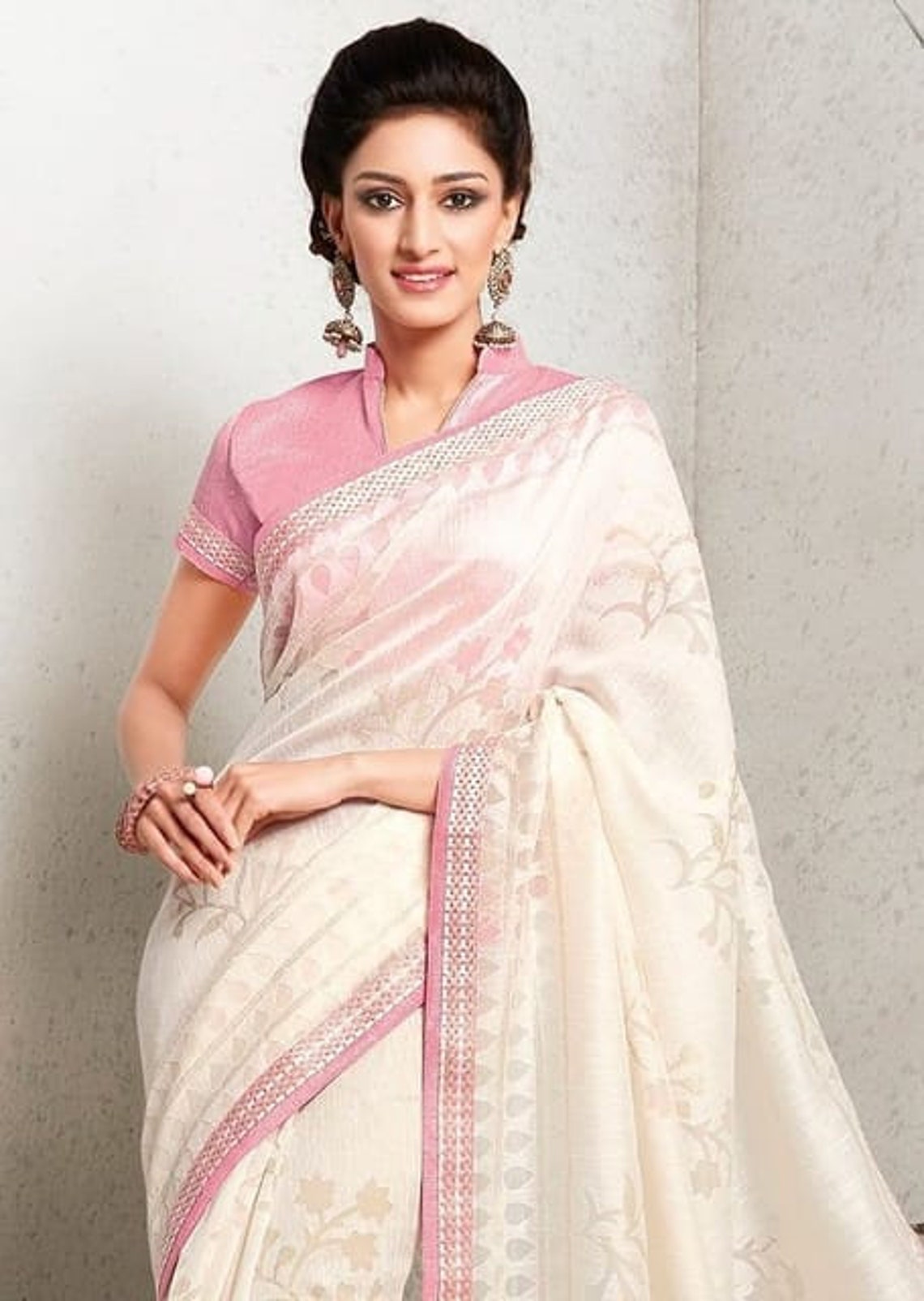 Royle Linen Brasso Saree Cream With Gold Print - Etsy