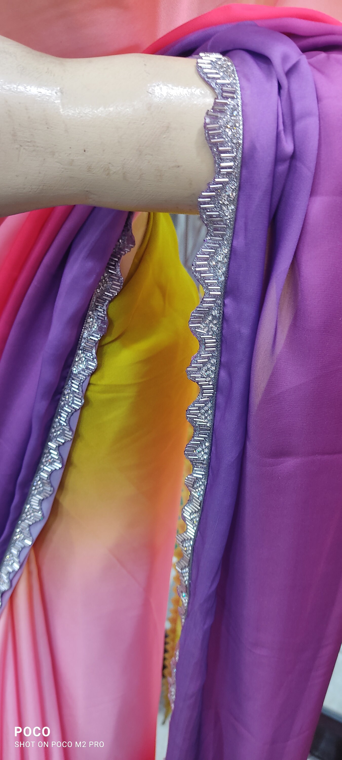 Satya Paul Multi Ombre Colour Satin Chiffon Hand Emblished Silver Glass ...