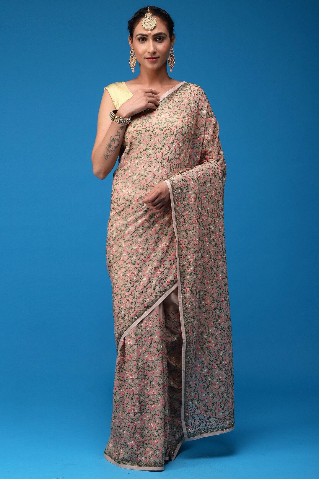 Kashmiri Work Chiffon Embroidered Saree - Etsy