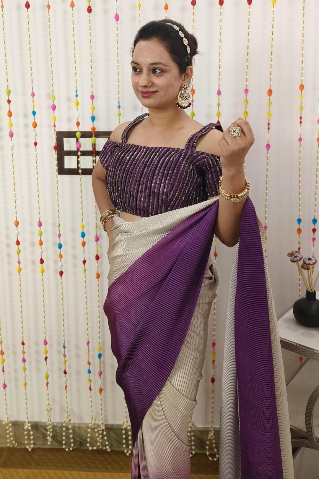 Designer off Shoulder Readymade Drape Saree in Crinkled Fabric With ...