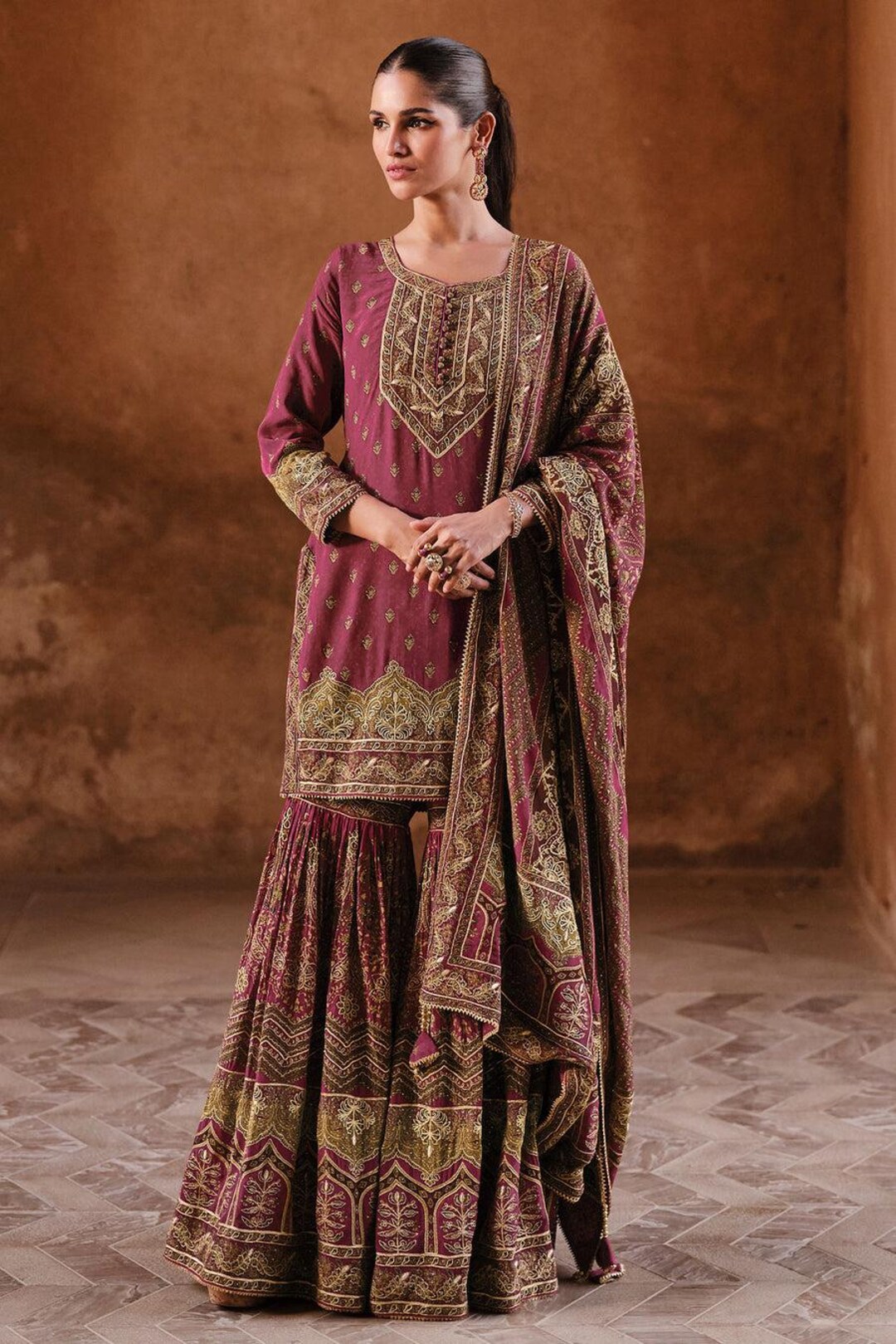 Ready to Wear Maroon Crepe Silk Sequin,gota Patti Embroidered Gharara ...