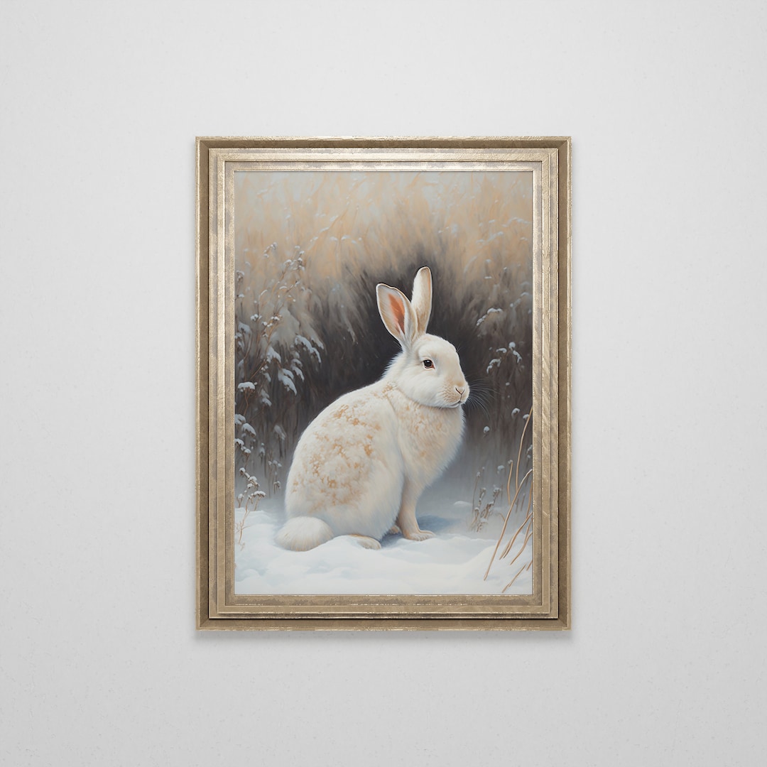Vintage White Rabbit Oil Painting Snow Bunny Hare Art Woodland Nursery ...