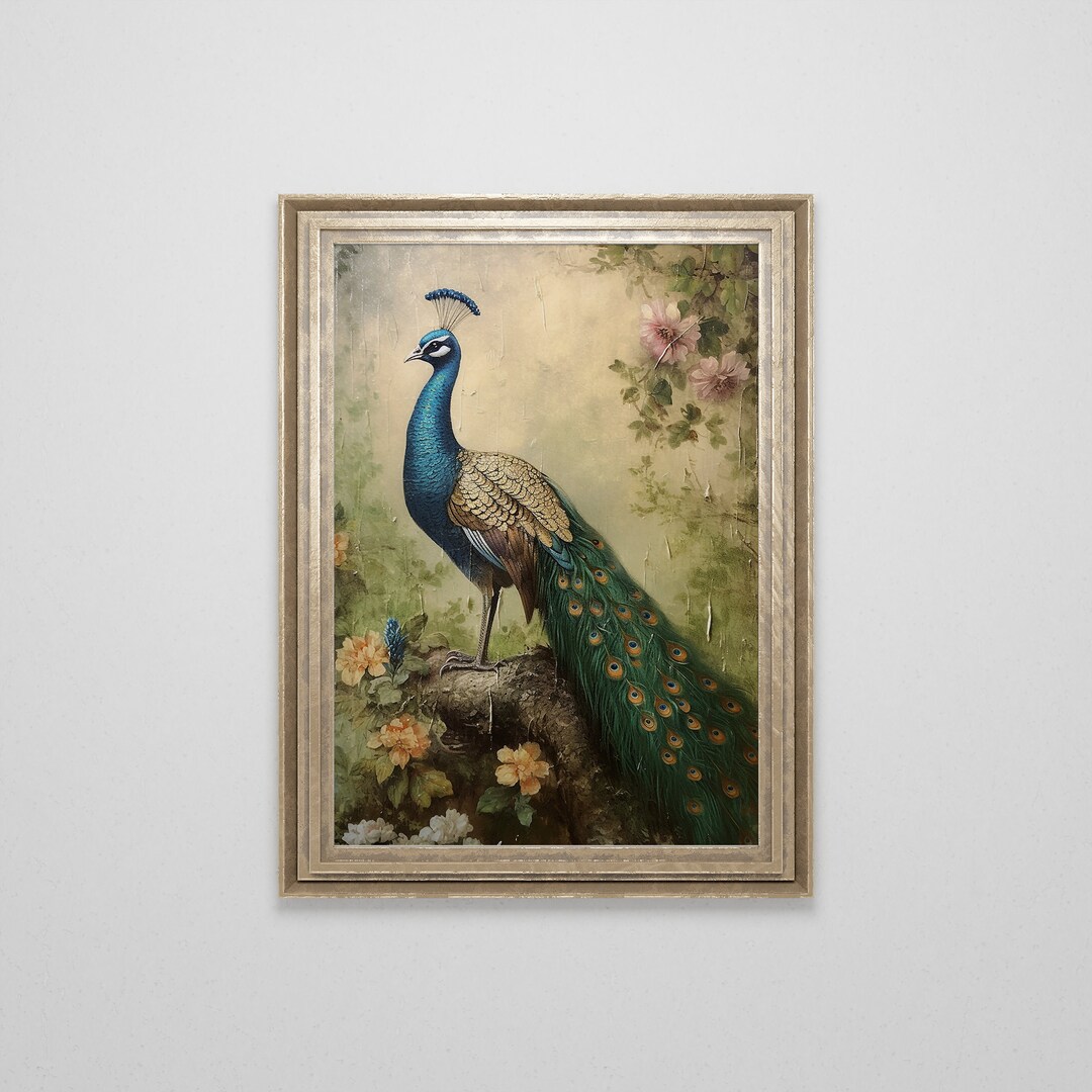 Victorian Peacock Antique Oil Painting Vintage Wall Art Light Academia ...
