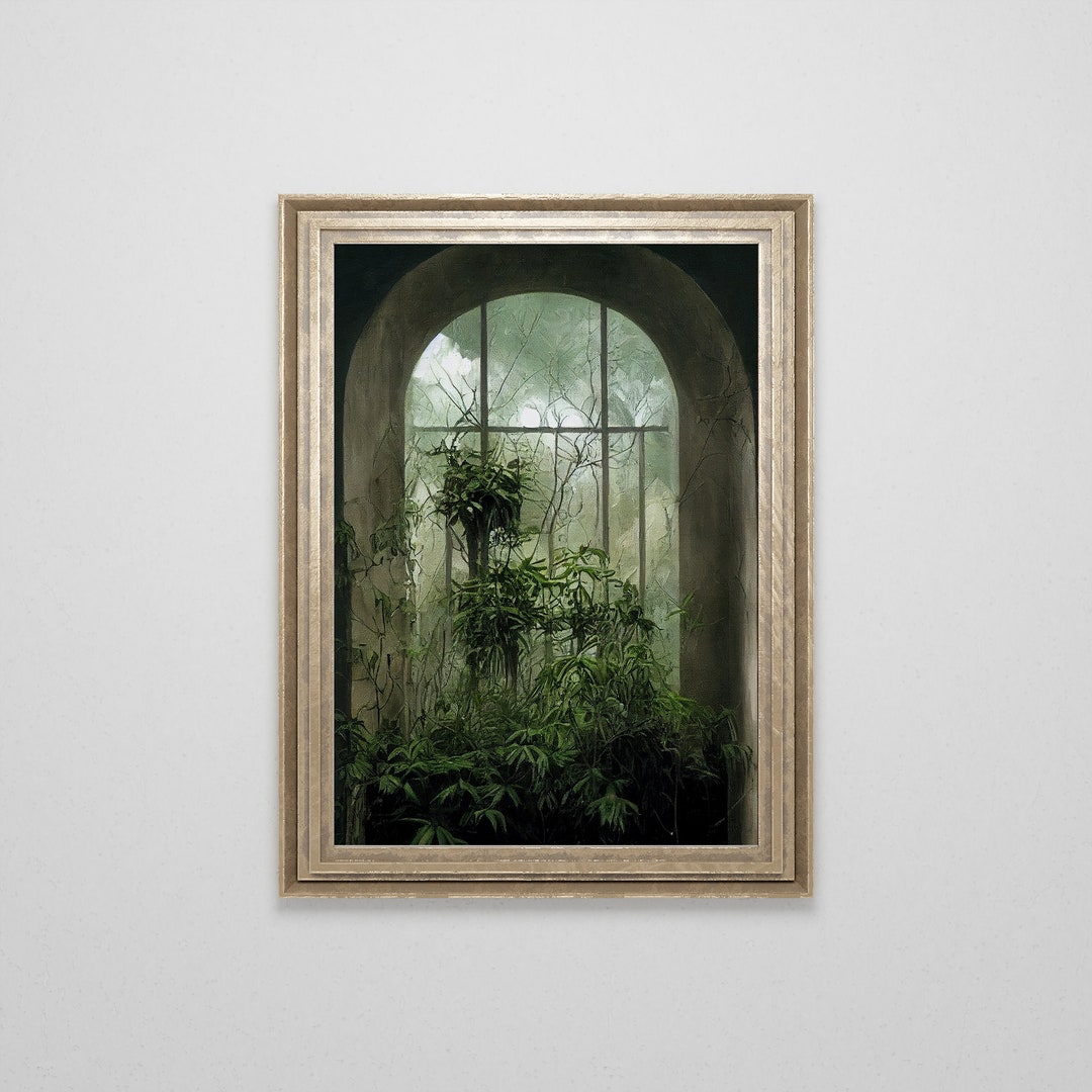 Vintage Overgrown Window Oil Painting Digital Art Print Botanical Plant ...