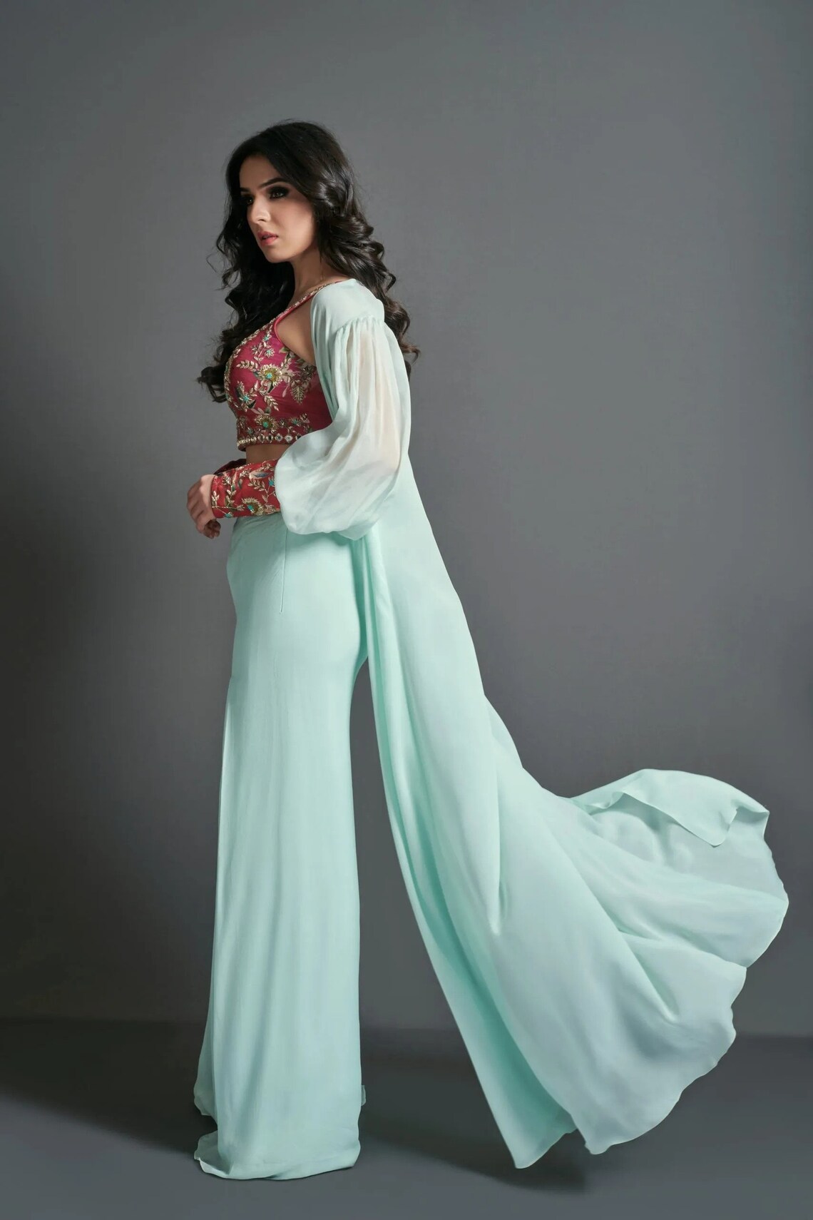 Sea Green And Crimson Red Flare Pant Set For Wedding Partywear