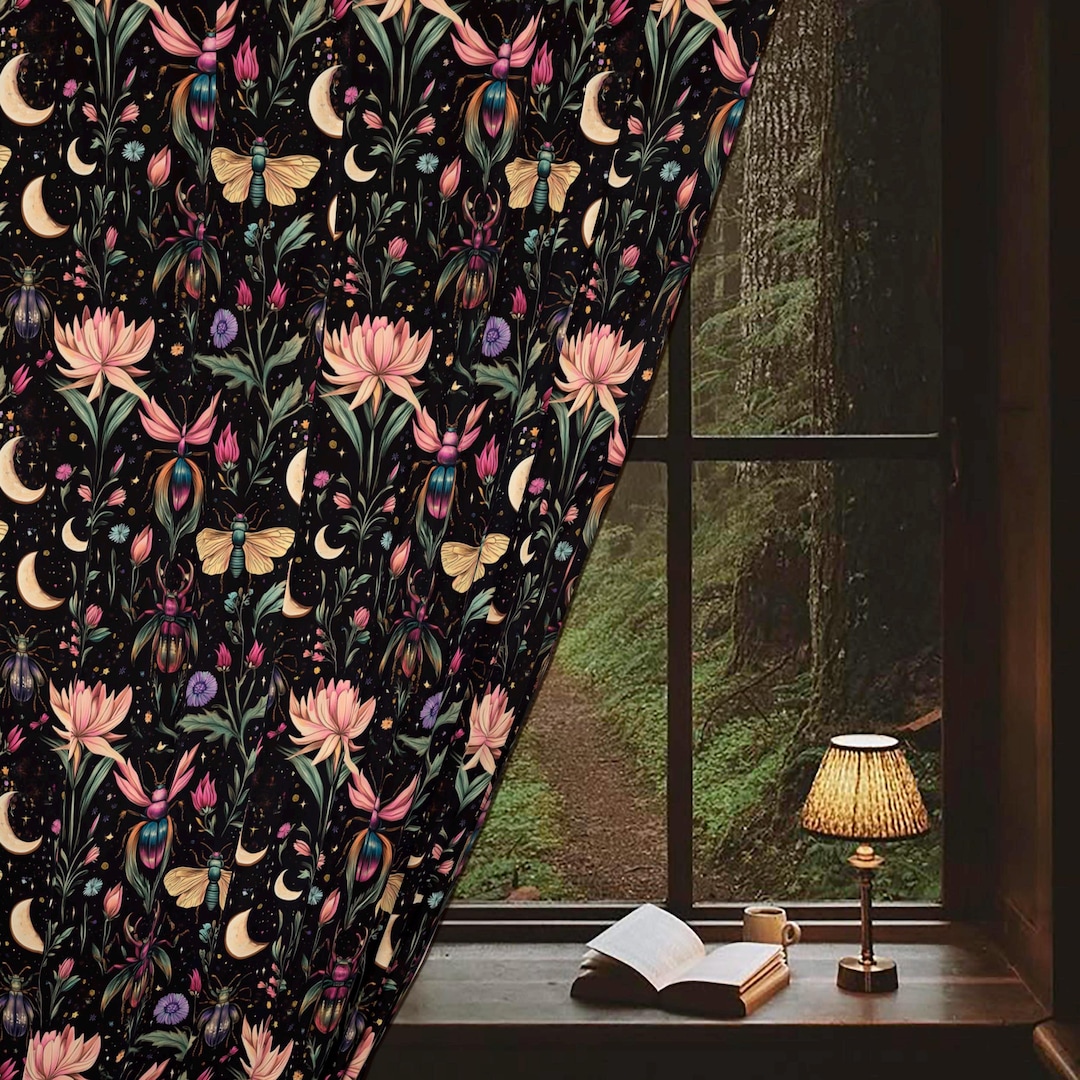 Witchy Curtains: Botanical Bugs Moth Floral Moody Blackout Curtain - Etsy