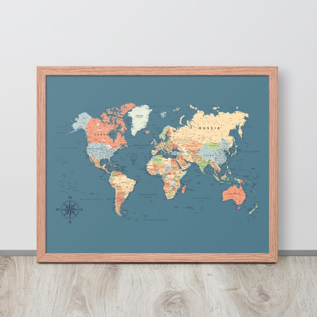 Framed World Map Wall Art Navy Blue Adventure Map Navy Blue World Map ...