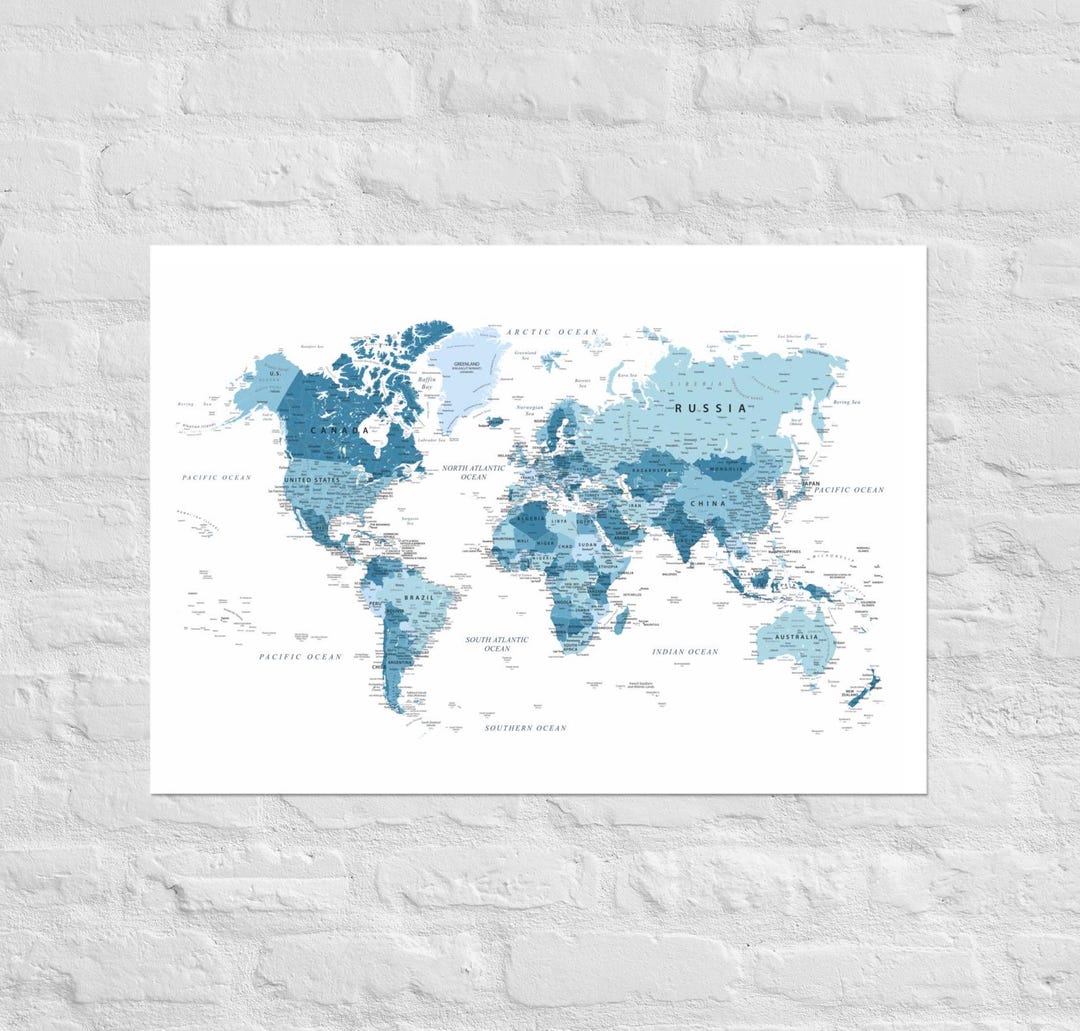 Blue World Map Poster A1,detailed Accurate Travel Map Print, Wall Map ...