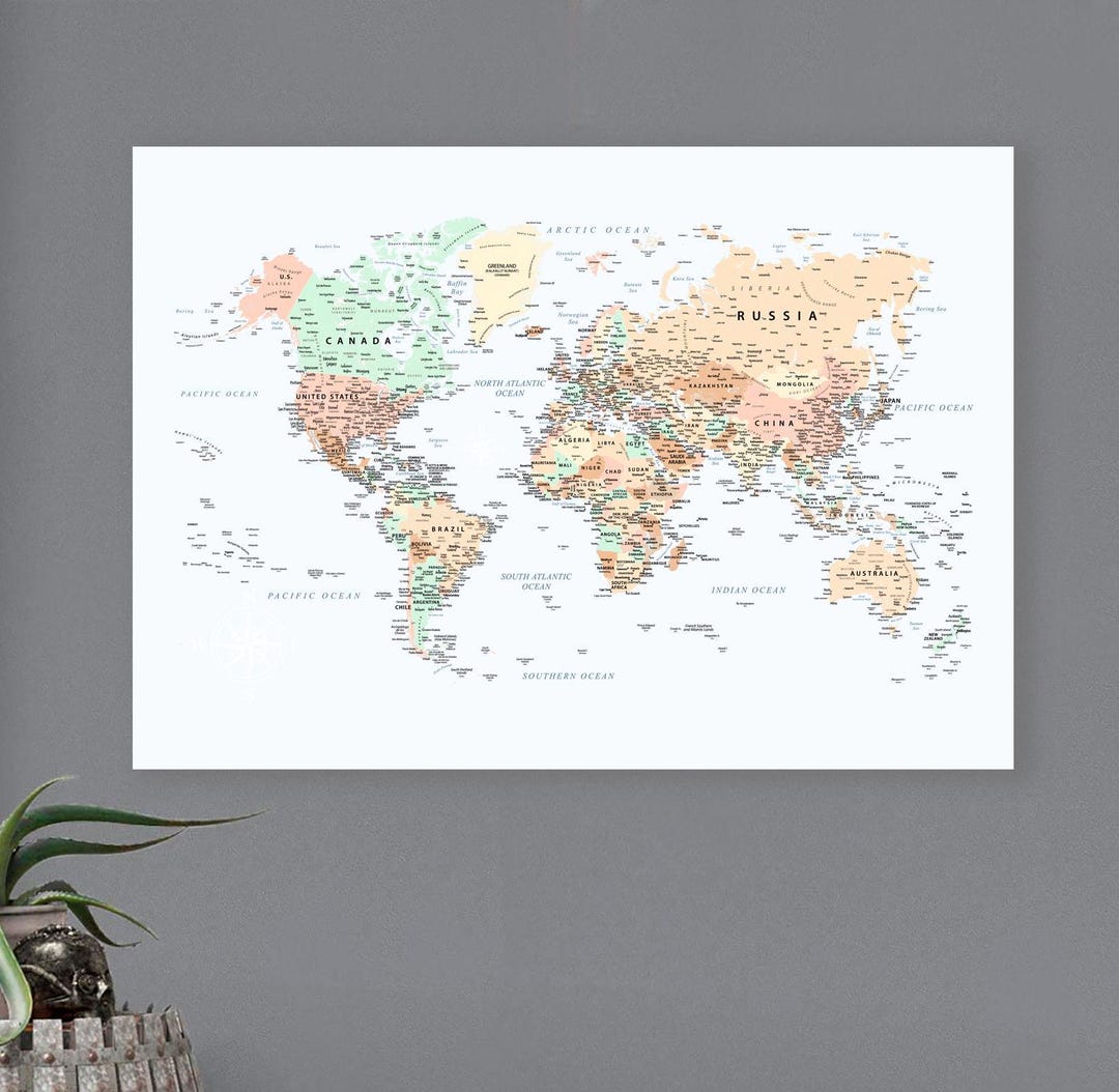 World Map With Countries Digital Poster Download, Wall Poster Secondary ...