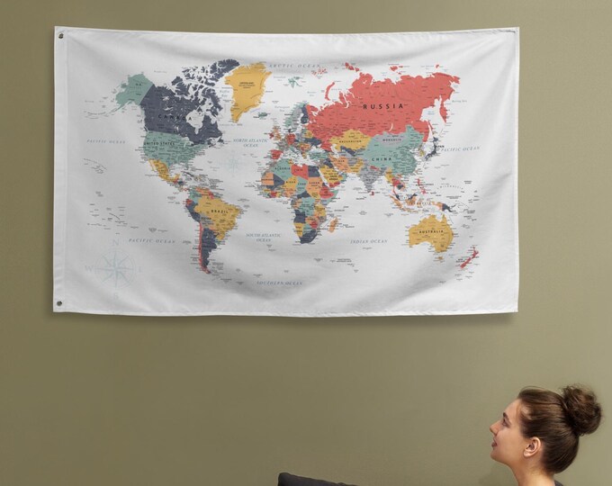 Large World Map Fabric Wall Hanging 96x66cm Natural Organic Cotton - Etsy