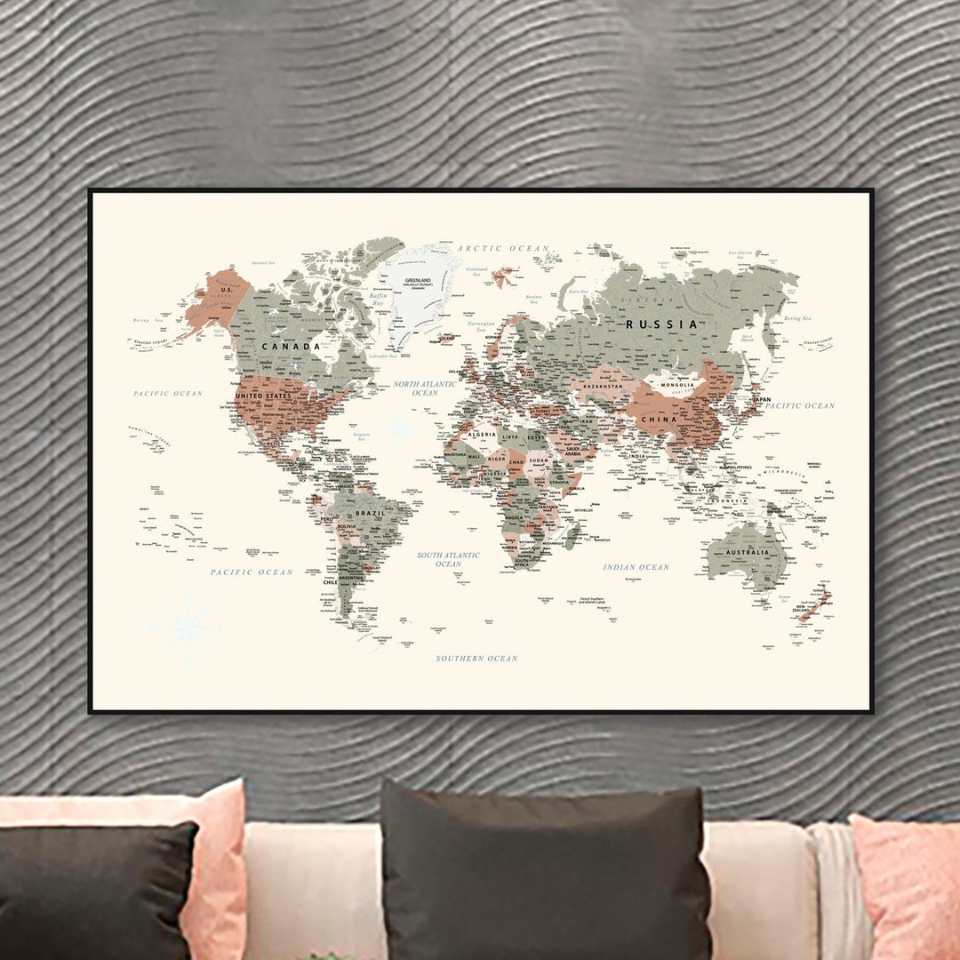 Digital World Map Beige Ocean,printable World Map,world Map Print, Dorm ...