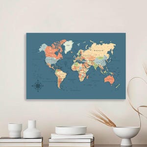 World Map Navy Blue Wall Poster Paper World Map Wall Art Travelers ...