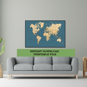 World Map, Navy Blue Wall Art, Printable World Map, World Map Poster ...