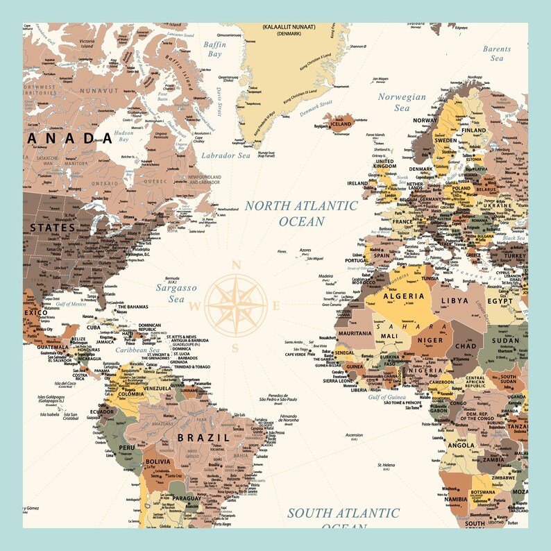 Digital World Map Vintage Brown Large Wall Art Poster in Warm Neutral ...