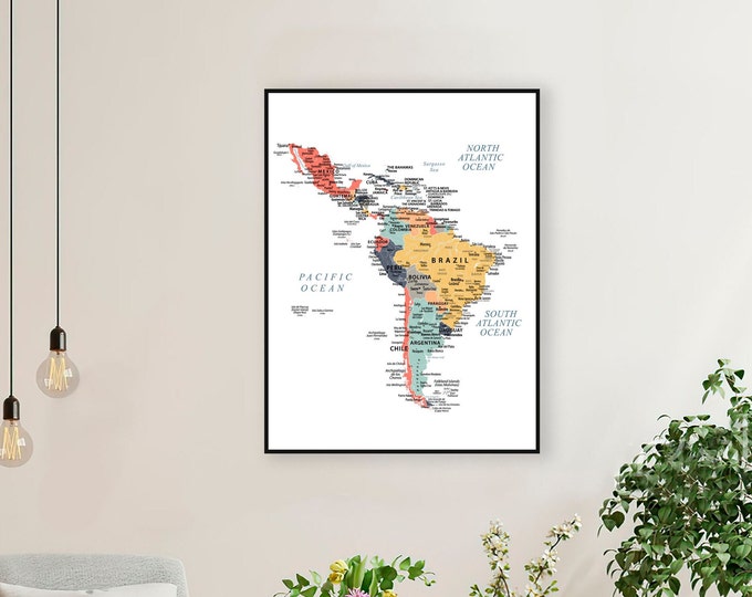Digital South America Map Full Color With States Printable Poster Large ...