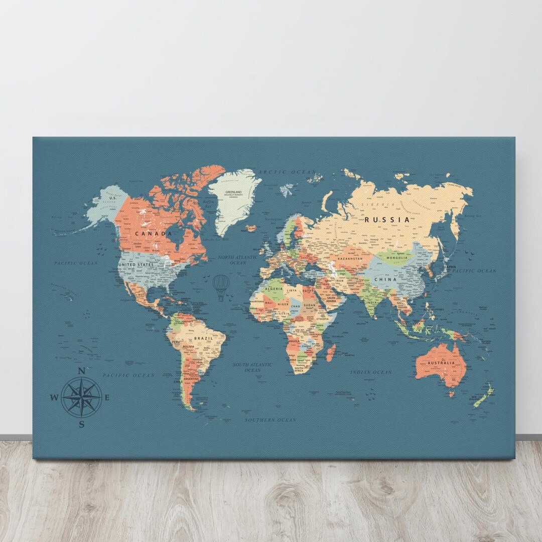 World Map Wall Art Thin Canvas,navy Blue Adventure Map,detailed World ...