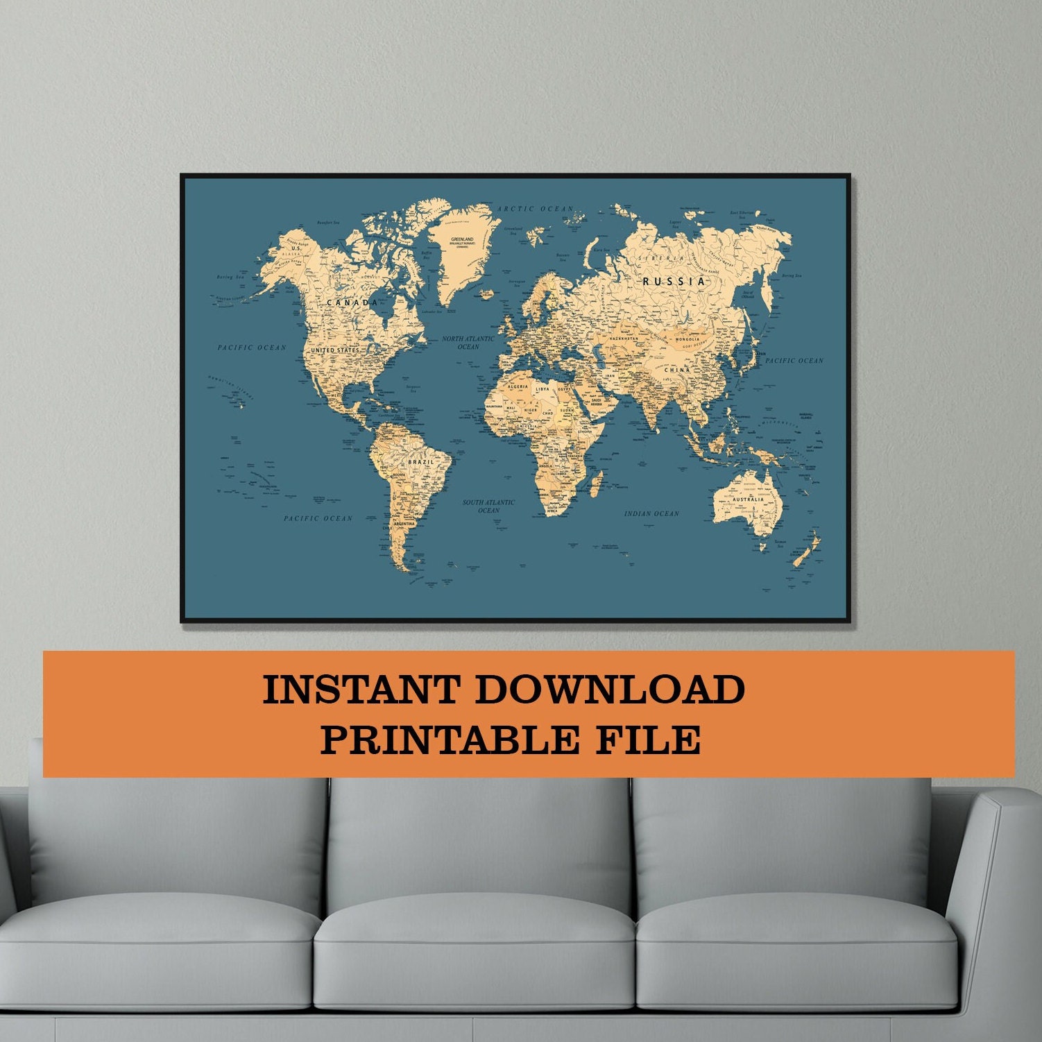 World Map, Navy Blue Wall Art, Printable World Map, World Map Poster ...
