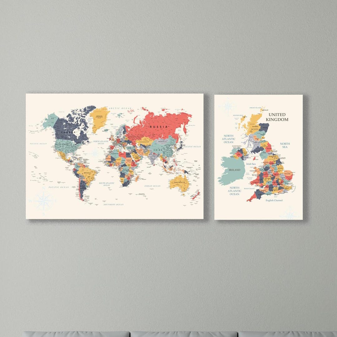 Set Wall Digital World Map Print, Digital World Map and UK Map, United ...