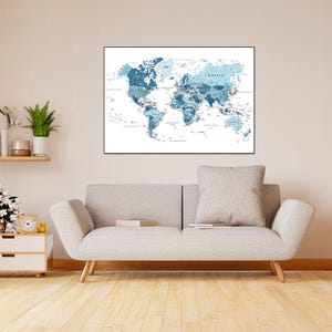 Blue World Map Poster A1,detailed Accurate Travel Map Print, Wall Map ...