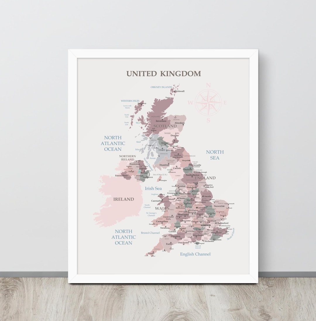 UK Map Framed Paper Poster Map of Great Britain Pink Wall Decor for ...