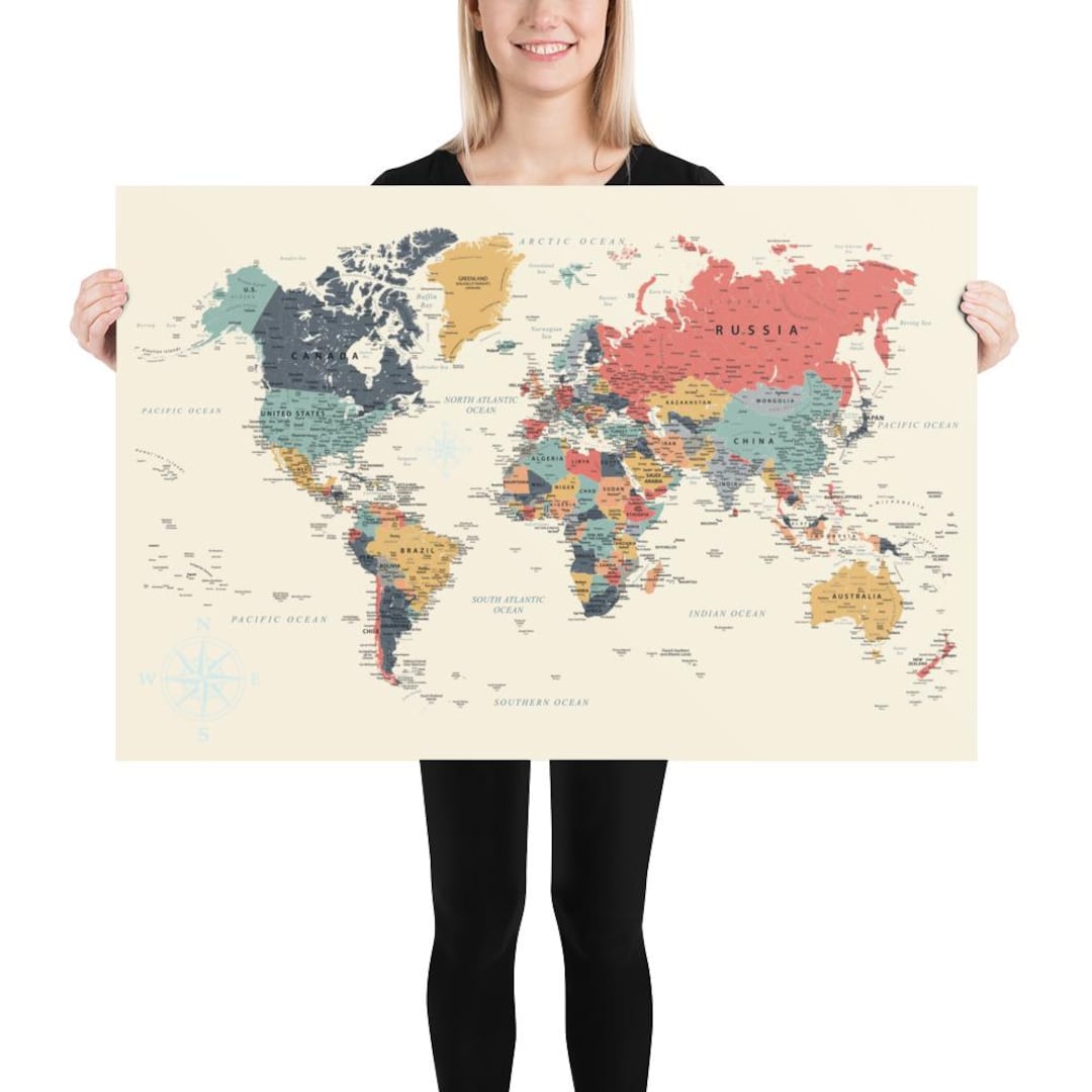 World Map Poster Printable Paper Large Wall Art, World Wall Map Poster ...