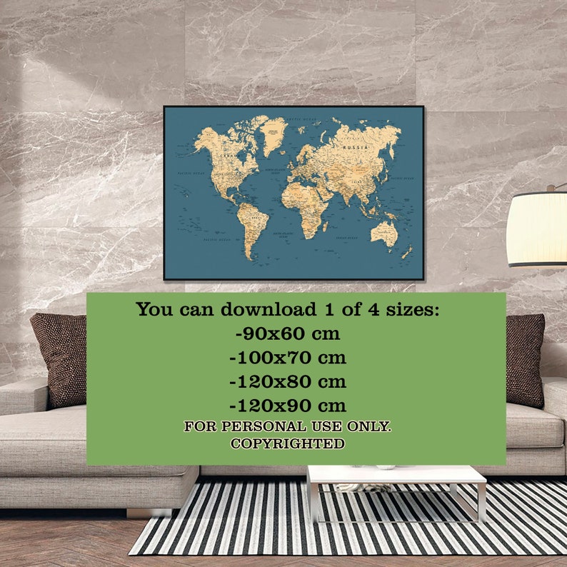 World Map Navy Blue Digital Print,world Map Poster,dorm Decor Large ...